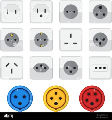 Vector Colored Flat Design Various Power Socket Input Types Icon Set White Background Stock
