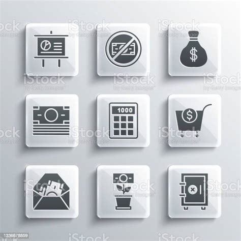 냄비에 돈 공장을 설정 안전 쇼핑 카트와 달러 계산기 기호봉투 종이 돈 현금 스택 칠판 다이어그램과 가방 아이콘 벡터 0명에 대한 스톡 벡터 아트 및 기타 이미지 Istock