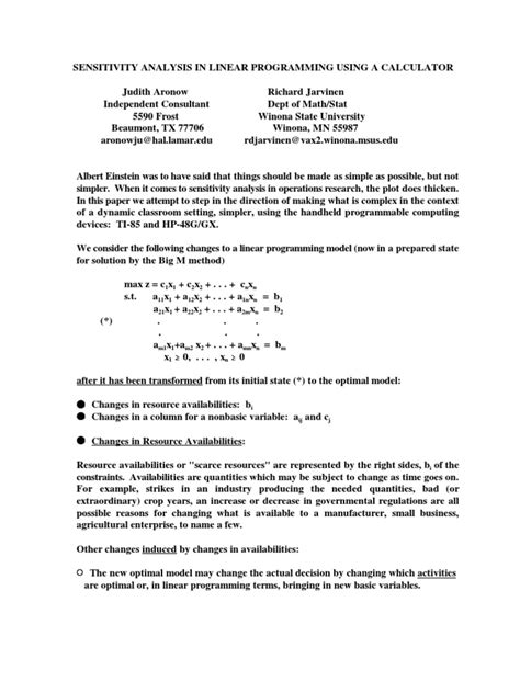 Sensitivity Analysis In Linear Programming Using A Calculator Download Free Pdf Mathematical