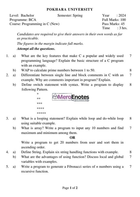 pokhara university bca programming in c question paper 2nd semester