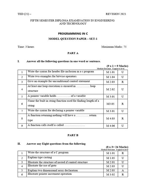 Programming In C Model Question Paper Set 1 Pdf