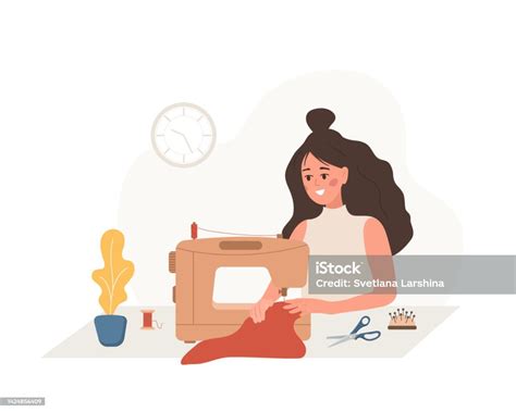 재봉틀의 여성 재봉사가 옷을 바느질합니다 젊은 여성 재단사는 스튜디오에서 옷을 만듭니다 패션 디자이너 또는 드레스 메이커 플랫 만화 스타일의 벡터 일러스트레이션 취미 개념