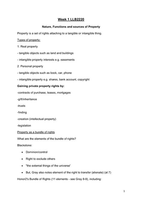Week 1 Llb2220 Week 1 Week 1 Llb Nature Functions And Sources Of Property Property Is A Set