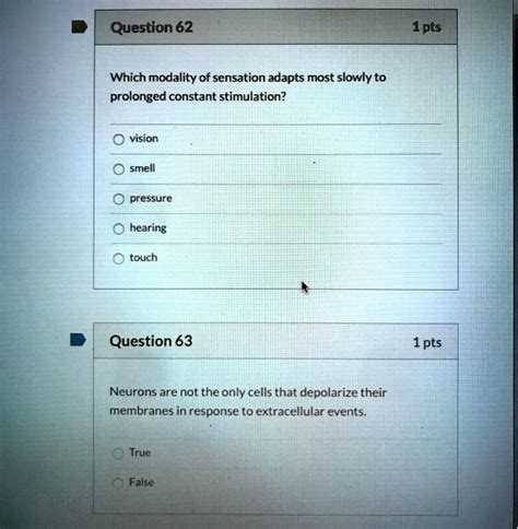 Solved Question 62 1pt Which Modality Of Sensation Adapts Most Slowly To Prolonged Constant