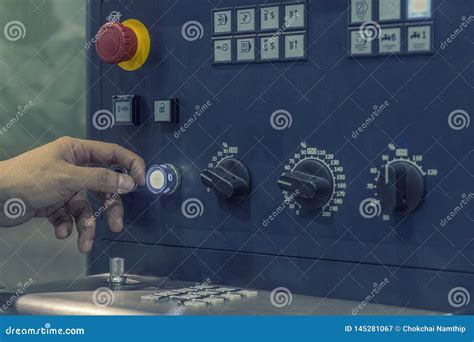 CNC Machine Control Panel With Hand The Press Stock Image Image Of Equipment Machine