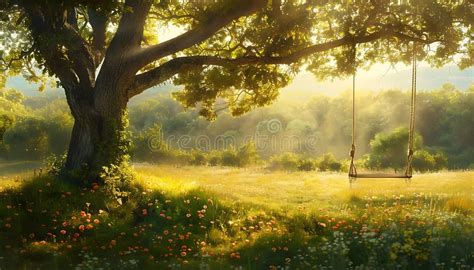 Tree Swing In Sunlit Meadow At Dawn Stock Illustration Illustration