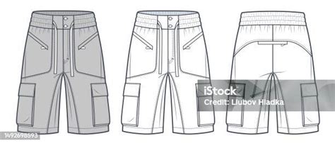 짧은 카고 바지 패션 플랫 기술 도면 템플릿입니다 조거 짧은 바지 스웨트 팬츠 테크니컬 패션 일러스트레이션 사이드 포켓 신축성 있는 허리띠 앞뒤 보기 화이트 모카 컬러 여성