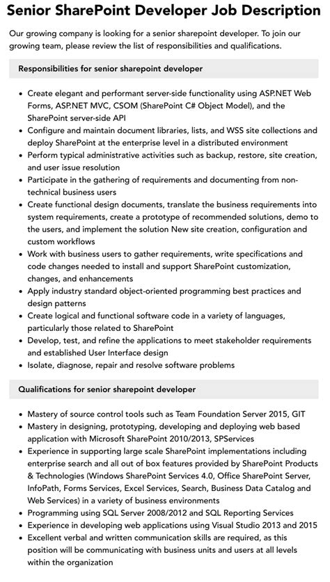 Senior Sharepoint Developer Job Description Velvet Jobs