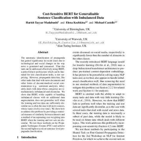 Cost Sensitive Bert For Generalisable Sentence Classification On Imbalanced Data Acl Anthology