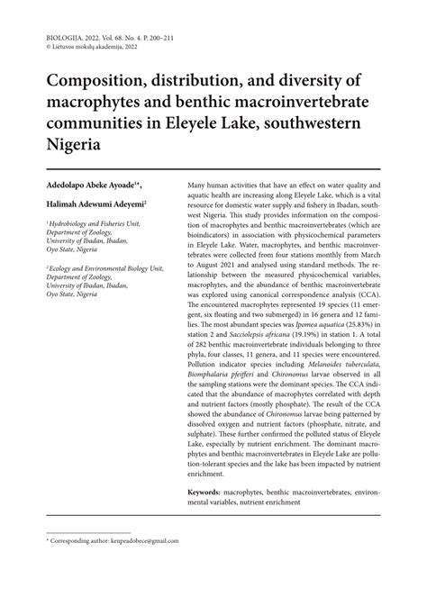 Pdf Composition Distribution And Diversity Of Macrophytes And Benthic Macroinvertebrate