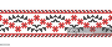 빨간색과 검은 색의 우크라이나어 간단한 꽃 무늬 벡터 장식 테두리 패턴입니다 우크라이나 민속 민족 꽃 자수 픽셀 아트 비쉬반카 크로스 스티치 0명에 대한 스톡 벡터 아트 및