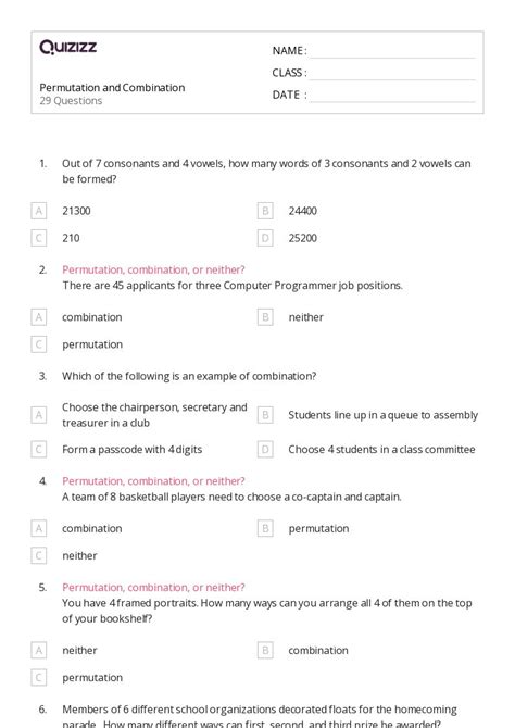 50 Permutation And Combination Worksheets On Quizizz Free And Printable