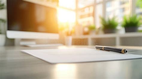 Modern Office Desk With Computer Paper And Pen In Sunlit Workspace Stock Image Image Of