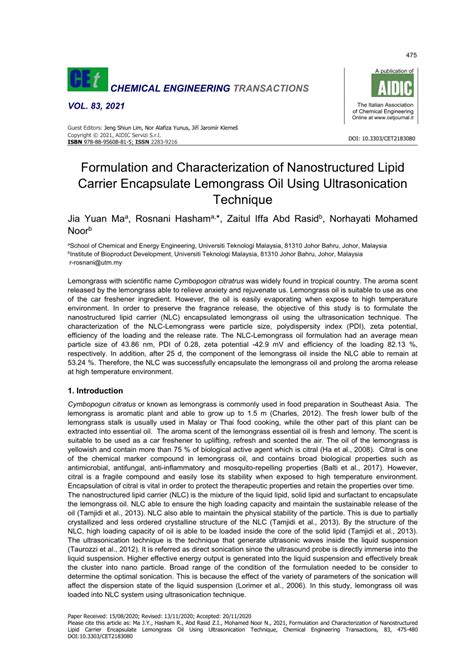 Pdf Formulation And Characterization Of Nanostructured Lipid Carrier Encapsulate Lemongrass