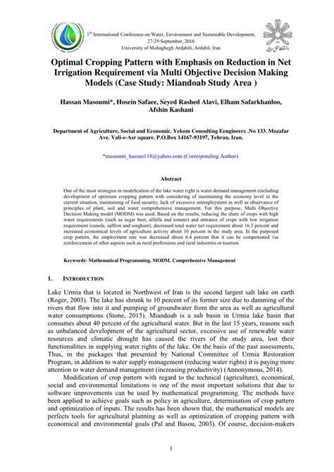 Pdf Optimal Cropping Pattern With Emphasis On Reduction In Net