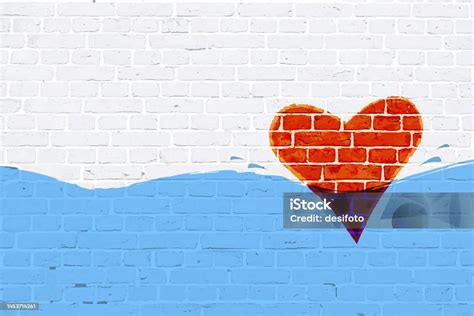 오른쪽에 있는 하나의 큰 빨간색 하트 모양 기호 또는 기호가 파란색 물결에 떠 있으며 흰색 그런지 질감의 흰색 벽돌 벽 벡터 배경 위에 작은 물방울이 튀어 나와 텍스트를