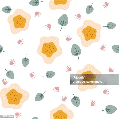 꽃과 잎 매끄러운 패턴 스칸디나비아 스타일 배경 직물 디자인 선물 종이 아기 옷 직물 카드 벡터 일러스트레이션 0명에 대한 스톡