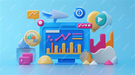 A Computer Screen Displaying Data Surrounded By Colorful 3d Shapes And Icons Premium Ai