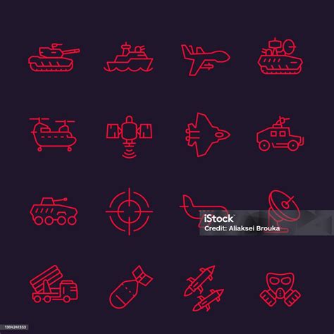 육군 군사 라인 아이콘 세트 전투 무인 항공기 탱크 항공 해군 선박 탄도 미사일 헬리콥터 대공 시스템 장갑 전투 차량 폭탄 저격 광경 무장 세력 위성 통신 시스템 군대에