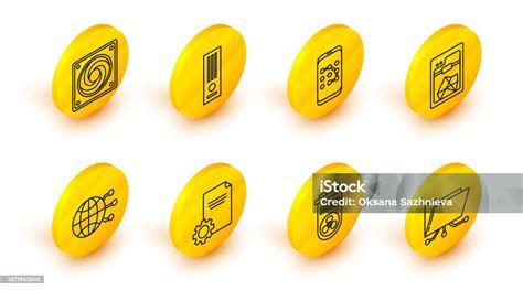 세트 폴더 및 잠금 비디오 그래픽 카드 파일 문서 글로벌 기술 또는 소셜 네트워크 3d 프린터 모바일 암호 보호 게임 콘솔 및 컴퓨터 쿨러 아이콘을 설정합니다 벡터 3차원