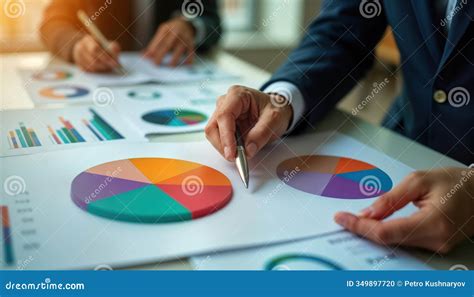 Business People Review Colorful Pie Charts During Presentation In Modern Office Data Analysis