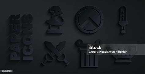 세트 고대 기둥 중세 칼 교차 중세 그리스 고대 그릇 방패 및 흉상 조각 아이콘 벡터 3차원 형태에 대한 스톡 벡터 아트 및 기타 이미지 Istock