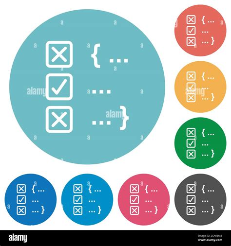 source code checking flat white icons on round color backgrounds stock