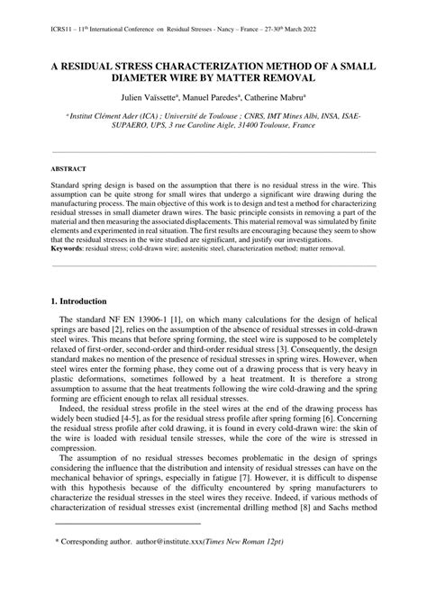 Pdf A Residual Stress Characterization Method Of A Small Diameter Wire By Matter Removal