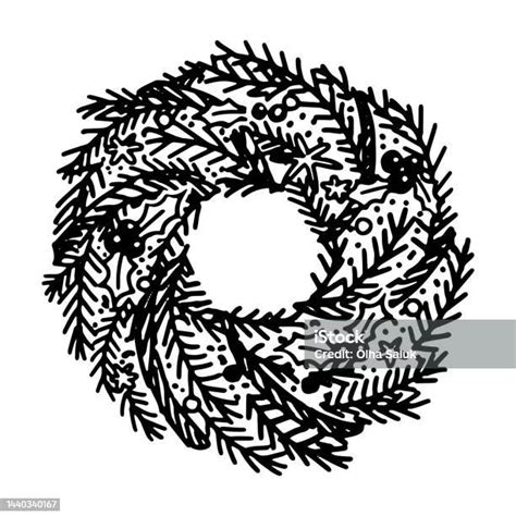 크리스마스 화환의 낙서 전나무 화환의 개요 그림은 홀리와 리본을 장식했습니다 손으로 그린 벡터 그림입니다 흰색으로 격리된 단일 클립아트 스케치에 대한 스톡 벡터 아트 및
