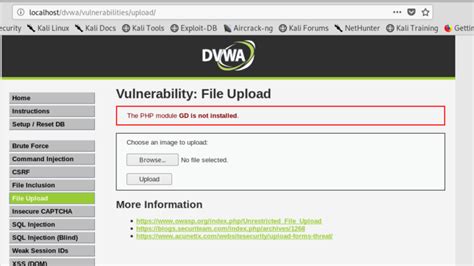 php gd module problem in kali linux · issue 285 · digininja dvwa · github