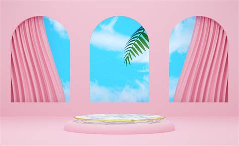 현대적인 무대 디스플레이 및 미니멀리스트 모형 추상 쇼케이스 배경 개념 3d 그림 또는 3d 렌더링을 위한 분홍색 파스텔 구성의 기하학적 모양과 커튼이 있는 연단 분홍에