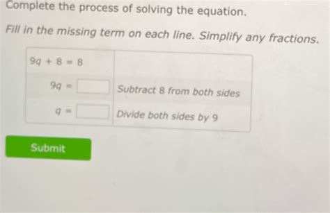 Complete The Process Of Solving The Equation Fill In The Missing Term