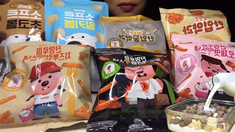 Cu편의점 과자 잔망루피 떡볶이 스낵 뽀로로 한 입 약과 포비빅 소프트 초코볼 소프트 밀키볼 우유 말아먹기 Youtube