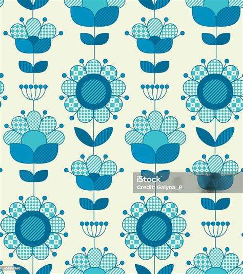 전통적인 민속 스타일의 표면 디자인을위한 벡터 원활한 꽃 패턴 기하학 60 년대 는 포장지 직물 천에 대한 파란색 도자기 색상으로 꽃 삽화 영감을 기하에 대한 스톡 벡터