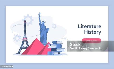 문학 역사 랜딩 페이지 자유의 여신상 에펠 탑 및 피라미드 역사와 건축 이집트 미국 프랑스의 명소 평면 벡터 일러스트 레이 션 0명에 대한 스톡 벡터 아트 및 기타 이미지