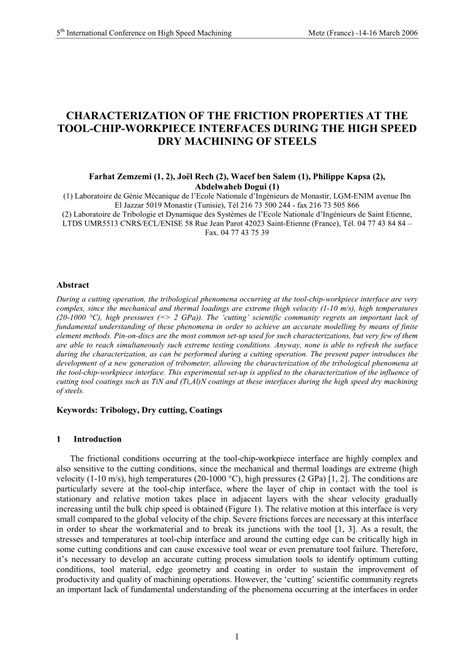 Pdf Characterization Of The Friction Properties At The Tool Chip Workpiece Interfaces During