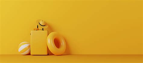 노란색 수하물 가방 여행 가방 모자 선글라스 비치 볼 및 노란색 배경에 수영 링 여행 및 휴가 개념 3d 일러스트레이션 여행 가방에 대한 스톡 사진 및 기타 이미지 Istock