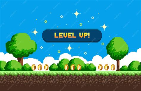 Premium Vector Pixel Art Game Background With Button Level Up Game Design Concept In Retro