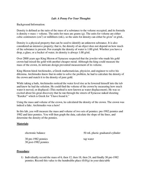 Chem Density Lab Lab A Penny For Your Thoughts Background Information Density Is Defined