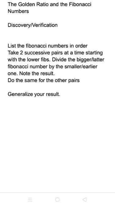 Solved The Golden Ratio And The Fibonacci Numbers Discovery