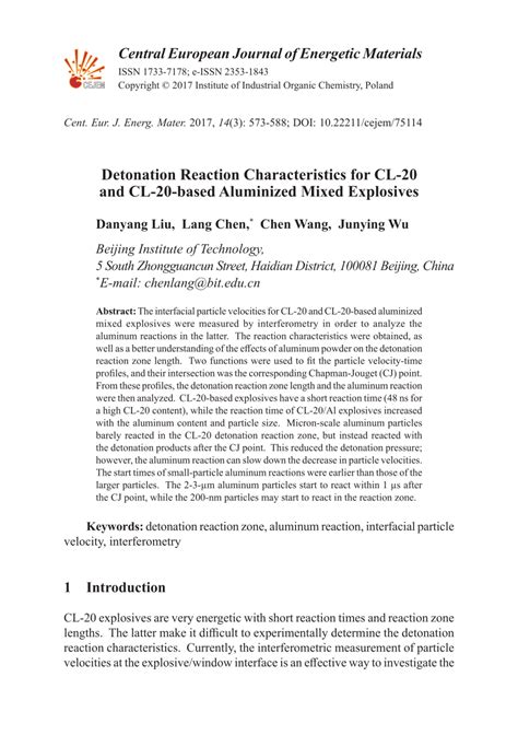 Pdf Detonation Reaction Characteristics For Cl 20 And Cl 20 Based Aluminized Mixed Explosives