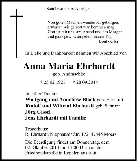 Traueranzeigen Von Anna Maria Ehrhardt Trauer In Nrwde