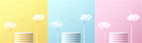 아치 프레임과 구름이 떠 있는 분홍색 노란색 파란색 배경의 3d 원통형 연단 배경 세트 미니멀리스트 모형 받침대 추상 제품 디스플레이 프레젠테이션 쇼케이스 용 무대 3차원