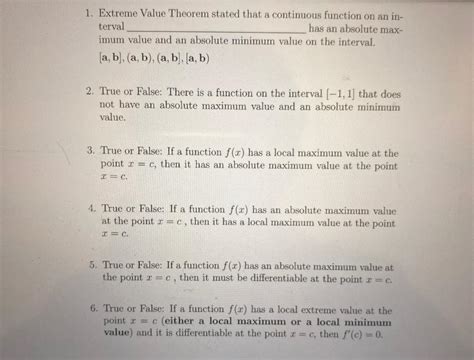 Solved 1 Extreme Value Theorem Stated That A Continuous