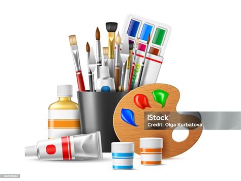 현실적인 예술 도구 구성 회화 용품 창조적 인 재료 구성 나무 팔레트 다른 브러쉬 솔벤트 및 다양한 페인트 3d 격리 요소 완전한 벡터 개념 페인트에 대한 스톡 벡터 아트