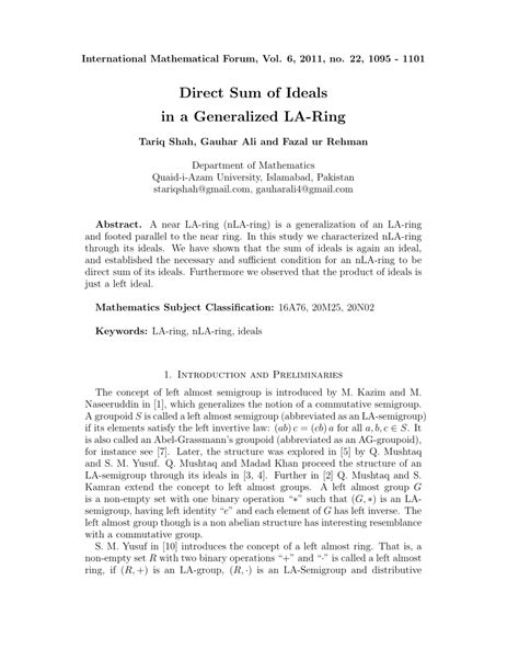 Pdf Direct Sum Of Ideals In A Generalized La Ring