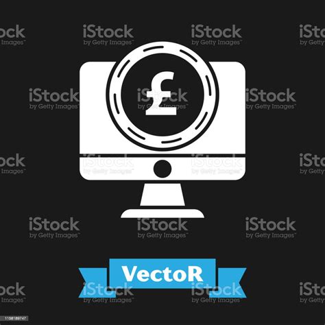 검은 색 배경에 격리 파운드 스털링 기호 아이콘 흰색 컴퓨터 모니터 온라인 쇼핑 개념입니다 인터넷에서의 수입 벡터 일러스트레이션