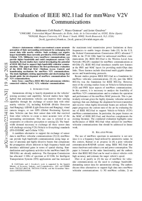 Pdf Evaluation Of Ieee 802 11ad For Mmwave V2v Communications