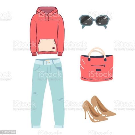 흰색 배경에 분리된 여성 의류와 액세서리의 벡터 손으로 그린 콜라주 캐주얼하고 우아한 여성스러운 스타일의 의상 까마귀 청바지