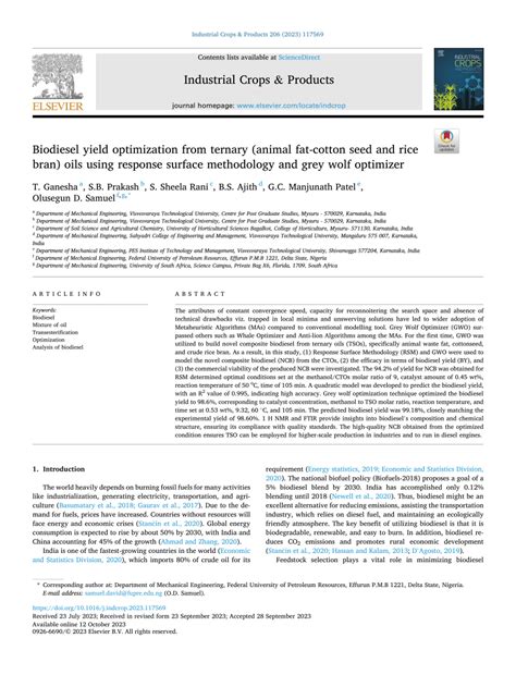 Pdf Biodiesel Yield Optimization From Ternary Animal Fat Cotton Seed